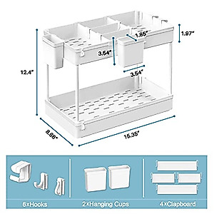 SOYO 2 Pack Under Sink Organizers and Storage, 2 Tier Bathroom Organizer Under Sink Shelf, Kitchen Organization Cabinet Storage Caddy Counter Basket with Hooks Dividers Hanging Cups, White
