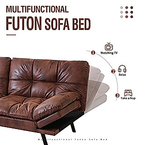 IULULU Futon Sofa Bed, Faux Leather Couch, Modern Convertible Sleeper Daybed with Adjustable Armrests for Studio, Apartment, Office, Small Space, Compact Living Room, Brown