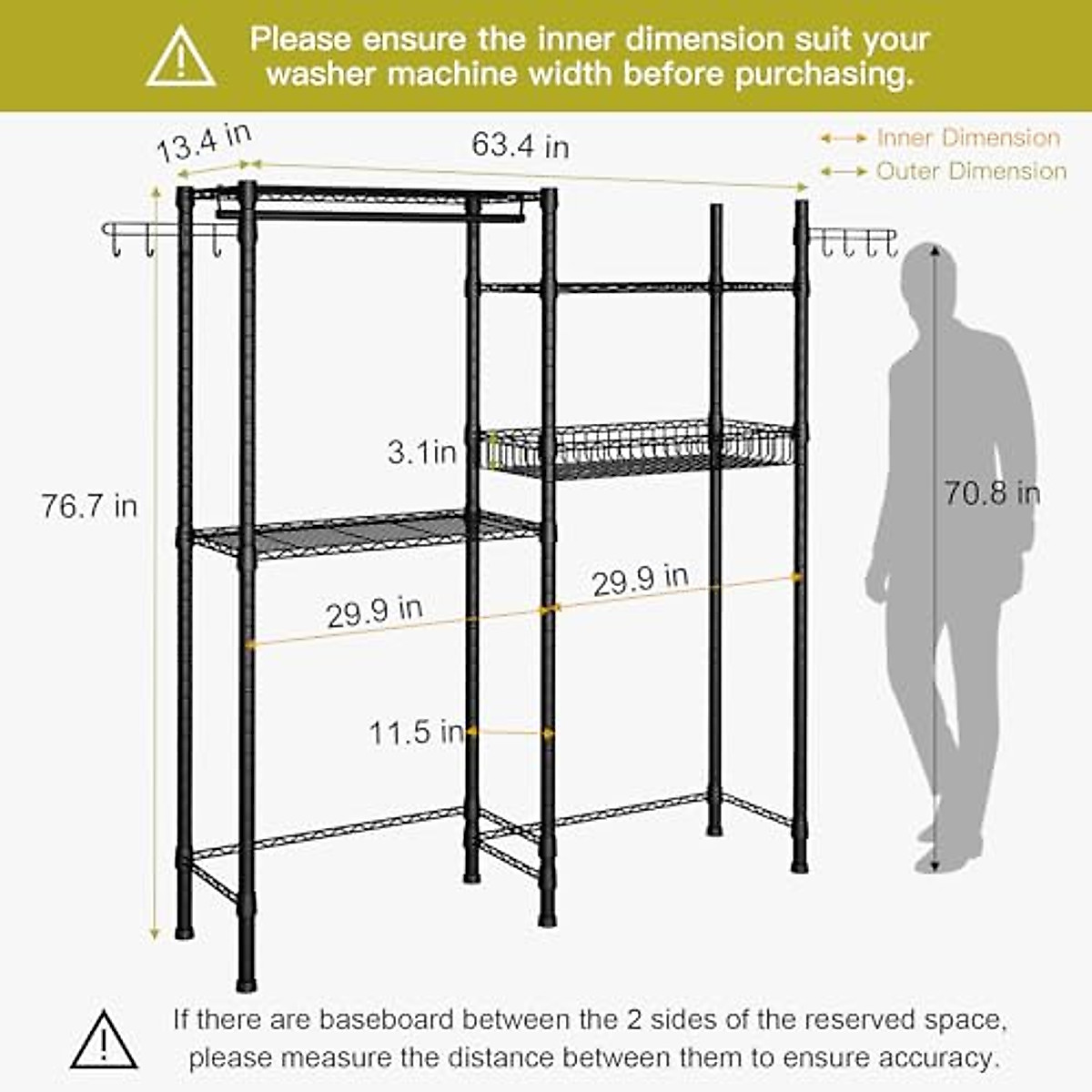Ulif Clothes Drying Rack, Over Washer and Dryer Laundry Room Bathroom Towel Storage Shelf, Space Saver with Adjustable Shelves, Wire Basket, and Rotatable Hooks, 63.4"L x 13.4"D x 76.7"H, Black
