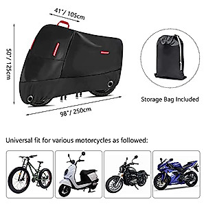 300D Upgraded Heavy Duty Motorcycle Cover, All Season Waterproof Outdoor Protection Scooter Cover with 2 Lock-Holes and 4 Reflective Strips Fits up to 98" Honda Yamaha Harley Suzuki Kawasaki (XXL)