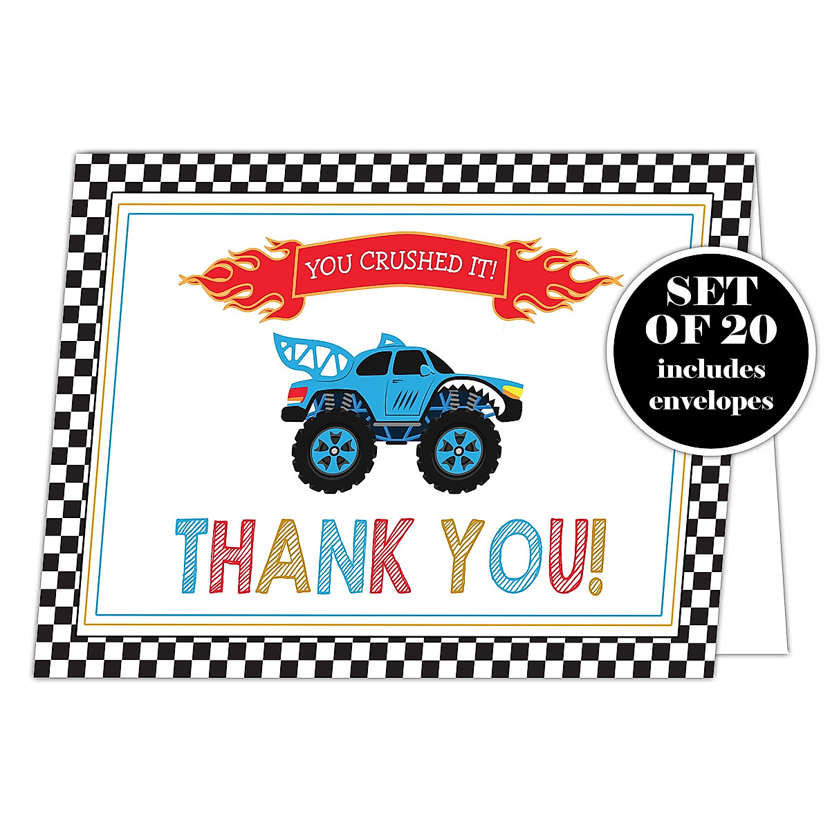 Monster Truck Thank You Card - Set of 20 Folded cards with envelopes