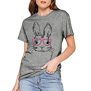Funny Bunny Print T Shirt for Women Cute Grapic Leopard Shirts Family Blouse Gifts Easter Tops Tee(Grey02,X-Large)