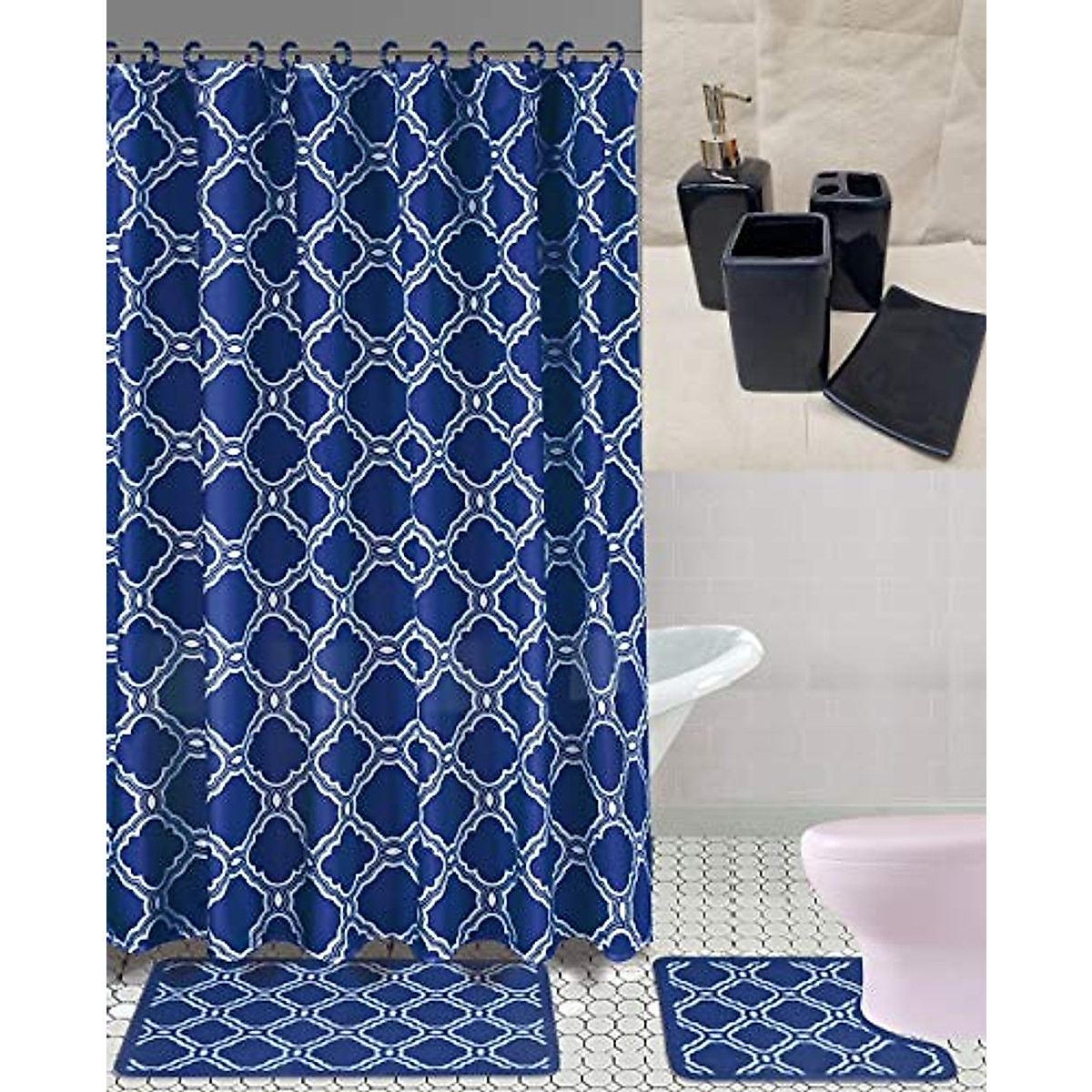 GorgeousHomeLinen Honey Comb 19pc Complete Bathroom Bath Mat Set with Shower,Hooks and Ceramic Accesories in 2-Tone Colors (Navy Blue)