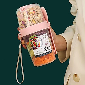 jyibinee Cereal Breakfast Cup Food Preservation Box Salad Transparent Portable Separated Two Compartments Oatmeal Nut Yogurt Container with Fork School Lunch Pink