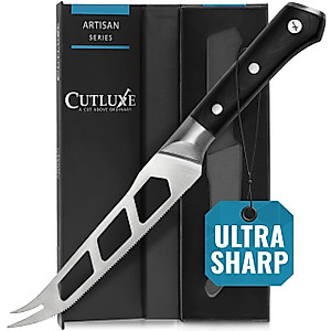 Cutluxe Cheese Knife – 5" Cheese Knife Slicer for Soft and Hard Cheese – Pronged, Serrated & Non Stick Blade – High Carbon German Steel, Full Tang & Ergonomic Handle Design – Artisan Series