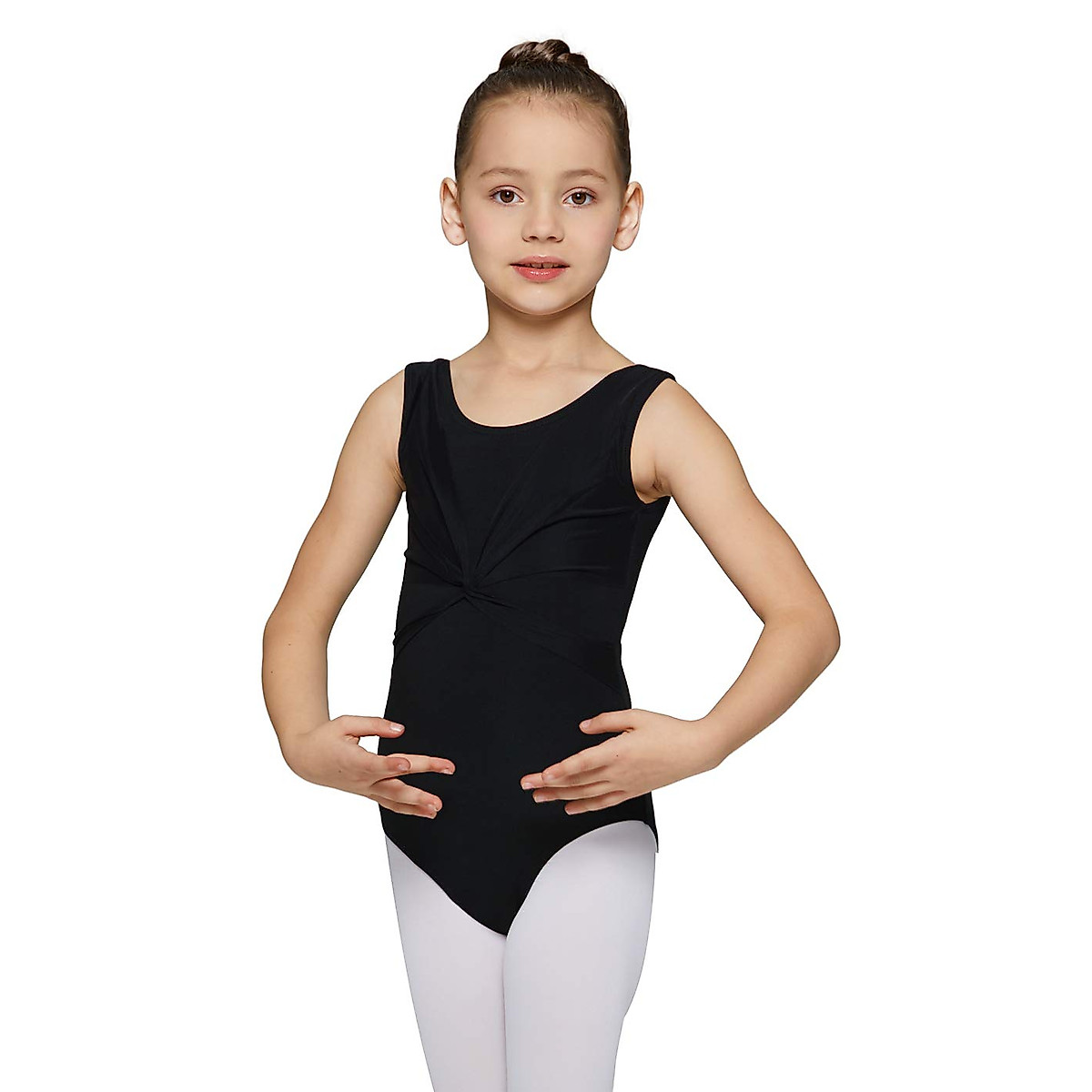 MdnMd Sleeveless Tank Leotard for Girls with Mesh Cross Front (Black, 12-14 Years)