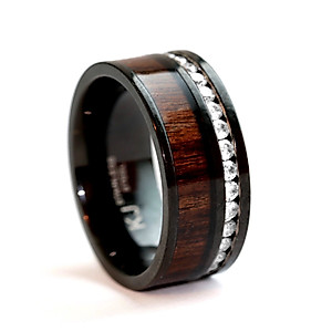 His & Hers Natural Koa Wood CZ 3 pcs Surgical Black Stainless Steel Engagement Wedding Rings set (Size His 10, Hers 08)