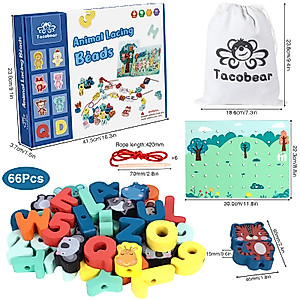 Atoylink 66 PCS Lacing Beads Montessori Toys for Toddlers with Lacing Board Wooden Primary String Threading Beads Animal Letters Numbers Lacing Toy Preschool Educational Toy for 3 4 5 6 7 8 Years Old