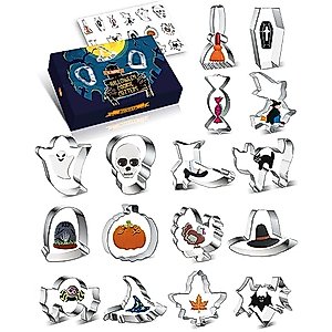 16 Pcs Halloween Cookie Cutters Large Fall Set with Decorating Instructions Stainless Steel Pumpkin Witch Hat Cat Bat Skull Ghost Spider Broom And More