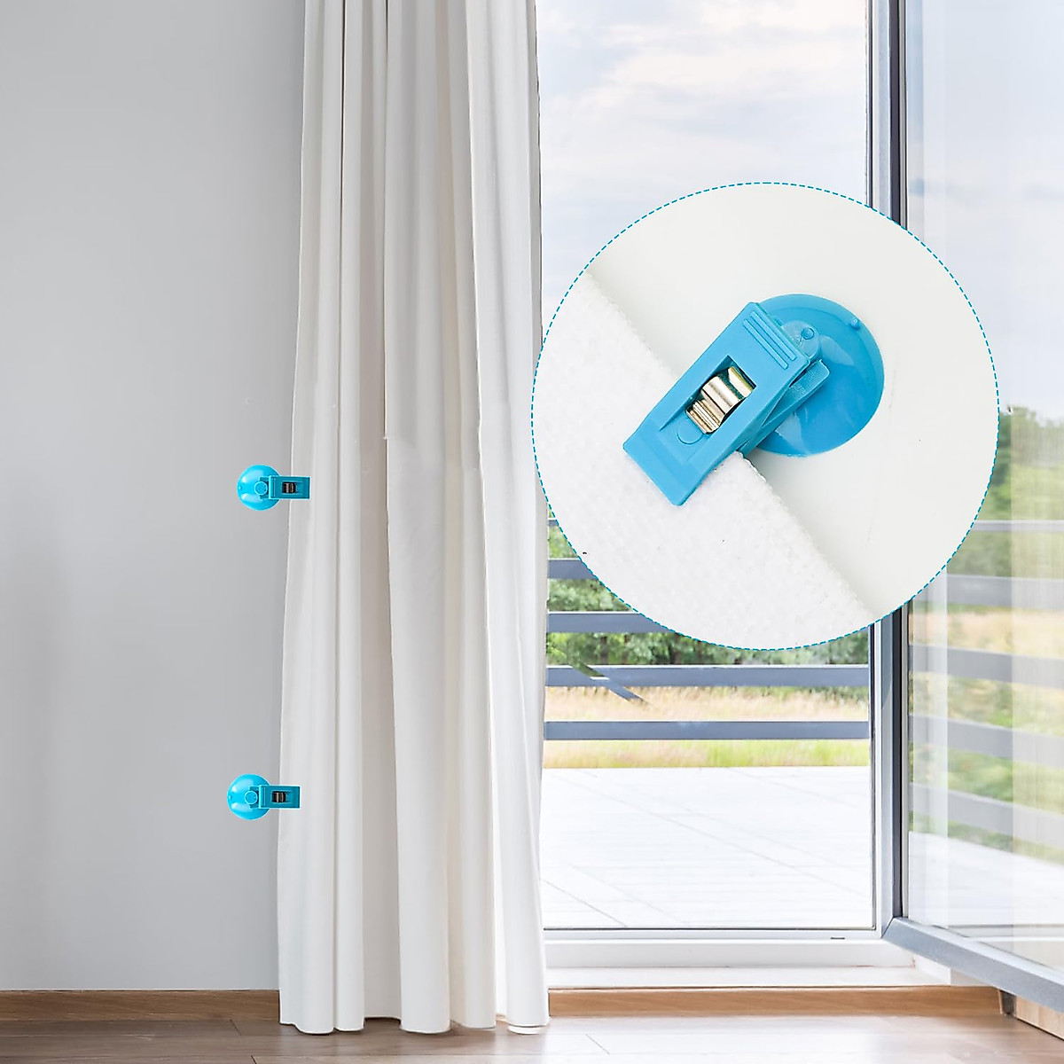 6pcs Suction Cup Clips, Shower Curtain Clips Splash Guard Round Suction Cups with Clamp to Prevent Water Splashing Out Windproof Suction Wall Hanger/Holder for Fridge Shower Room Glass Window(Blue)