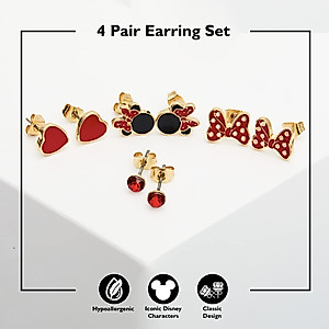 Disney Minnie Mouse Girls Earrings 4-Pack Official License, Red Crystal and Enamel-Plated Stud Earrings for Girls
