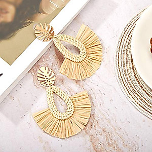 meekoo 4 Pairs Rattan Earrings for Women Beach Essentials Tassel Dangle Boho Straw Earrings(Novel)