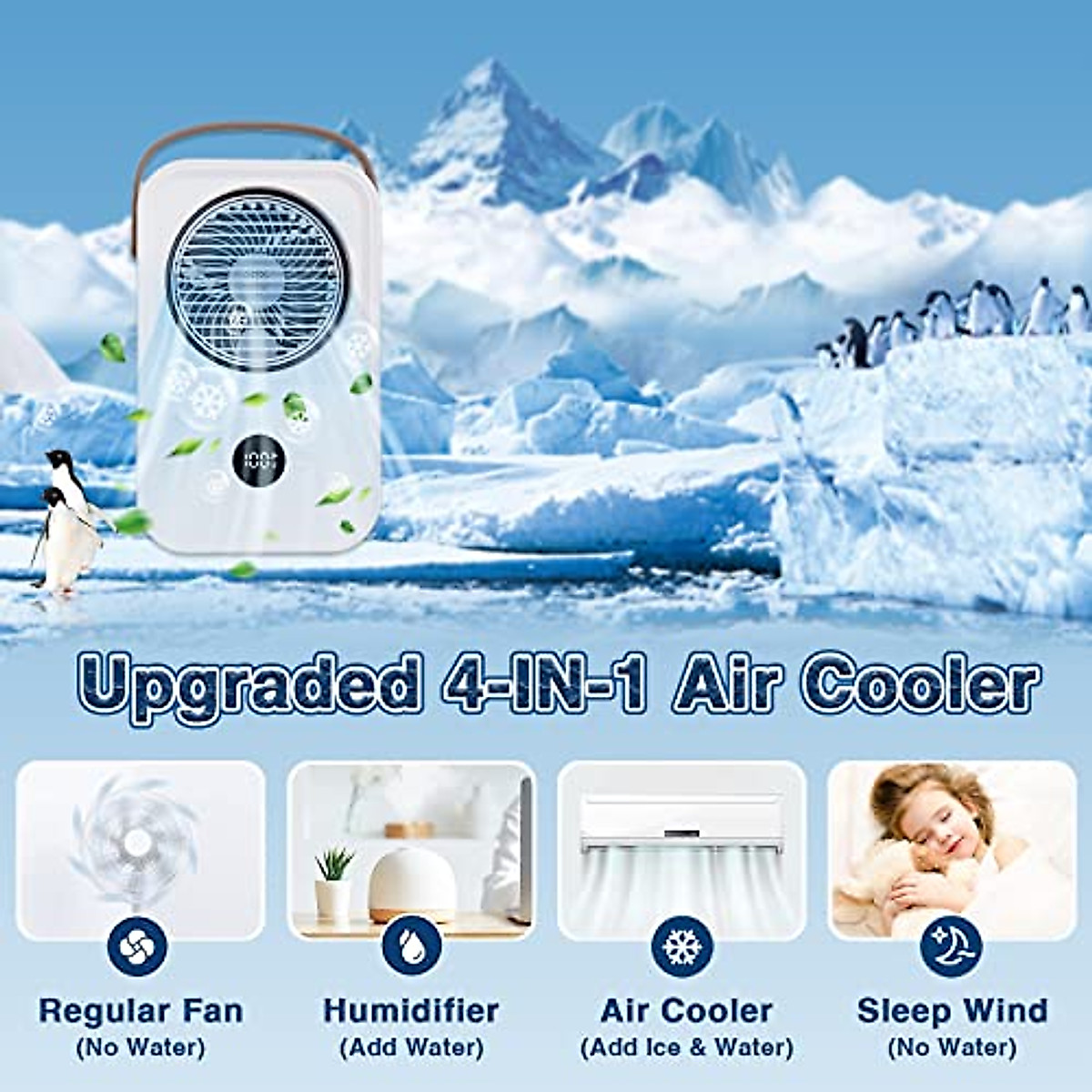 clleylise Portable Personal Air Cooler - Powerful, Quiet, and Energy Efficient USB Evaporative Air Cooler Cooling Fan in 4 Speed For Bedroom, Office, Living Room & More