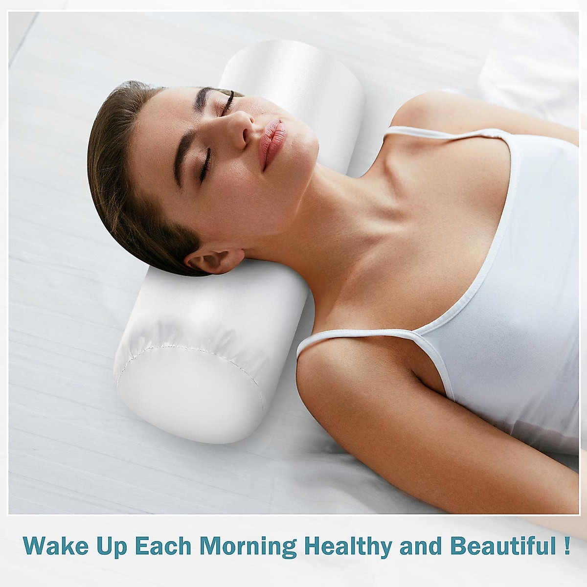 Remerry 4 Pack 16 x 6 Inches White Neck Roll Pillow Case Cover Only Round Bolster Cervical Roll Satin Cylinder Pillow Case Cover with Zipper