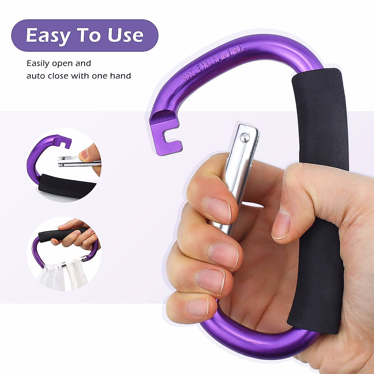 JIALEEY Strong Large Durable Buggy Carabiner Stroller Hooks Mummy Clip Pram Pushchair Grocery or Shopping and Plastic Bags Holder, 2 Pack Purple