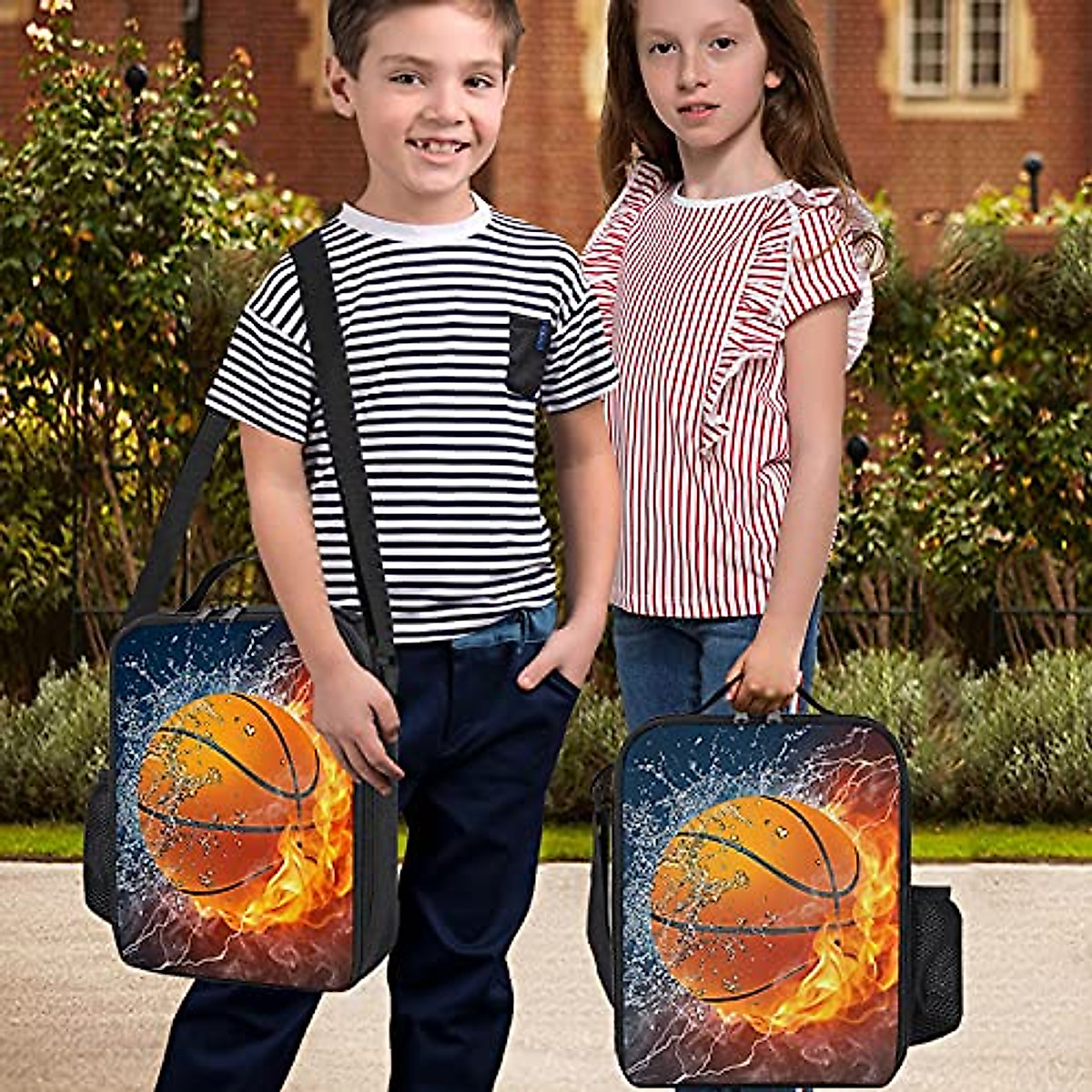 Insulated Lunch Box for Girls Boys, Leakproof Portable Lunch Bags with Adjustable Shoulder Strap and Side Pocket, Durable Reusable Cooler Tote Bag for Beach/Picnic/Office/Collega (Basketball)