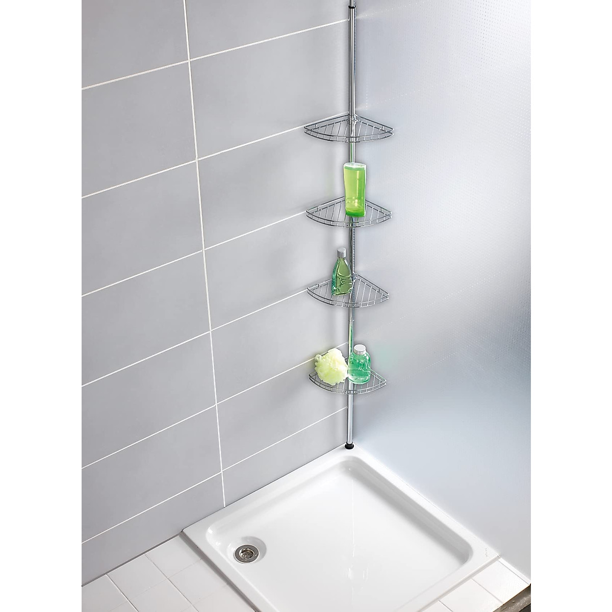 Bathroom Shelf Organizer for Shower Storage, Shower Caddy Tension Pole With 4 Storage Baskets, Stainless Steel, Silver, Dimensions 11 x 108 x 7.8 in