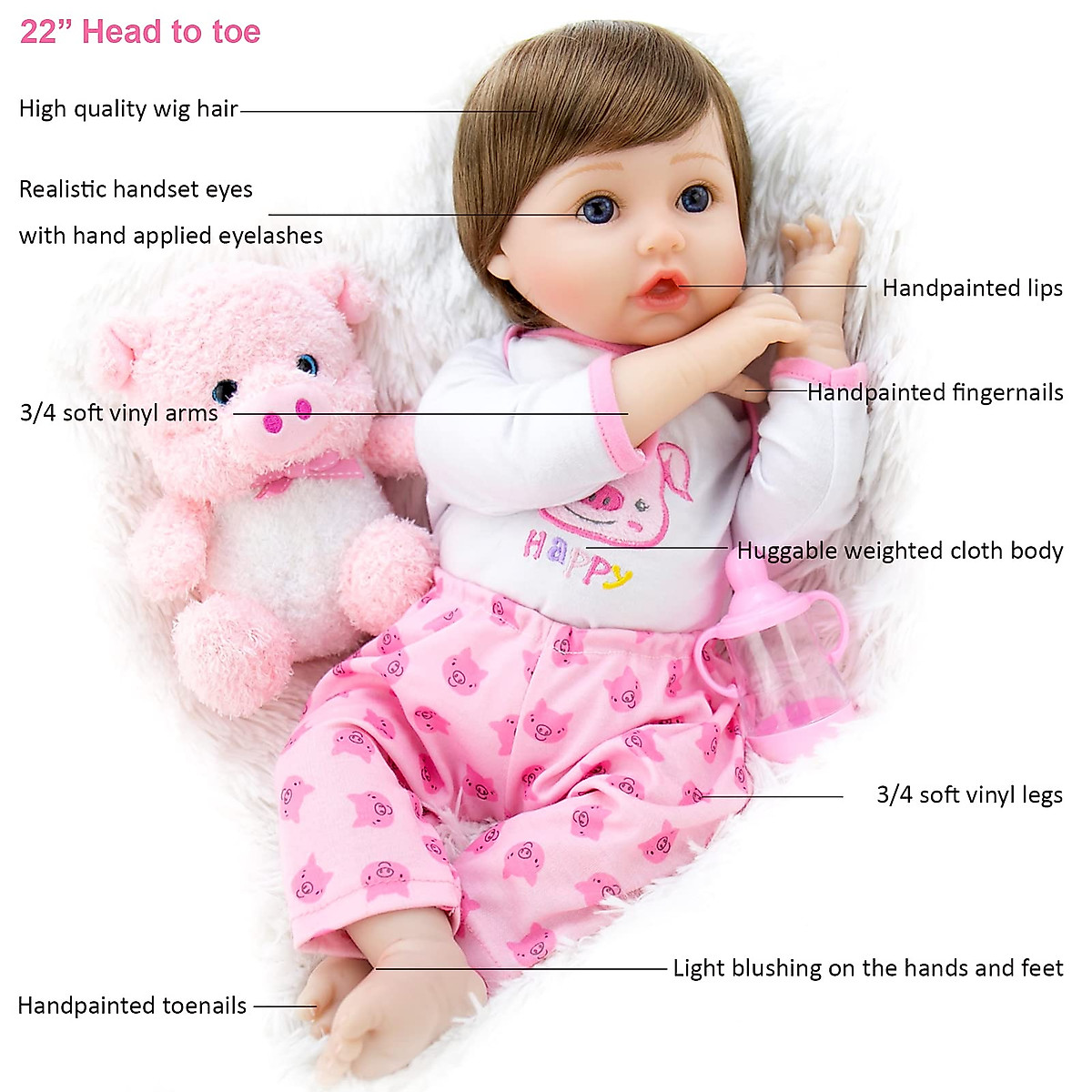 Aori Lifelike Reborn Baby Dolls 22 Inch Realistic Weighted Newborn Toddler Girl with Pink Clothes and Piggy Toy Accessories Best Birthday Set for Girls