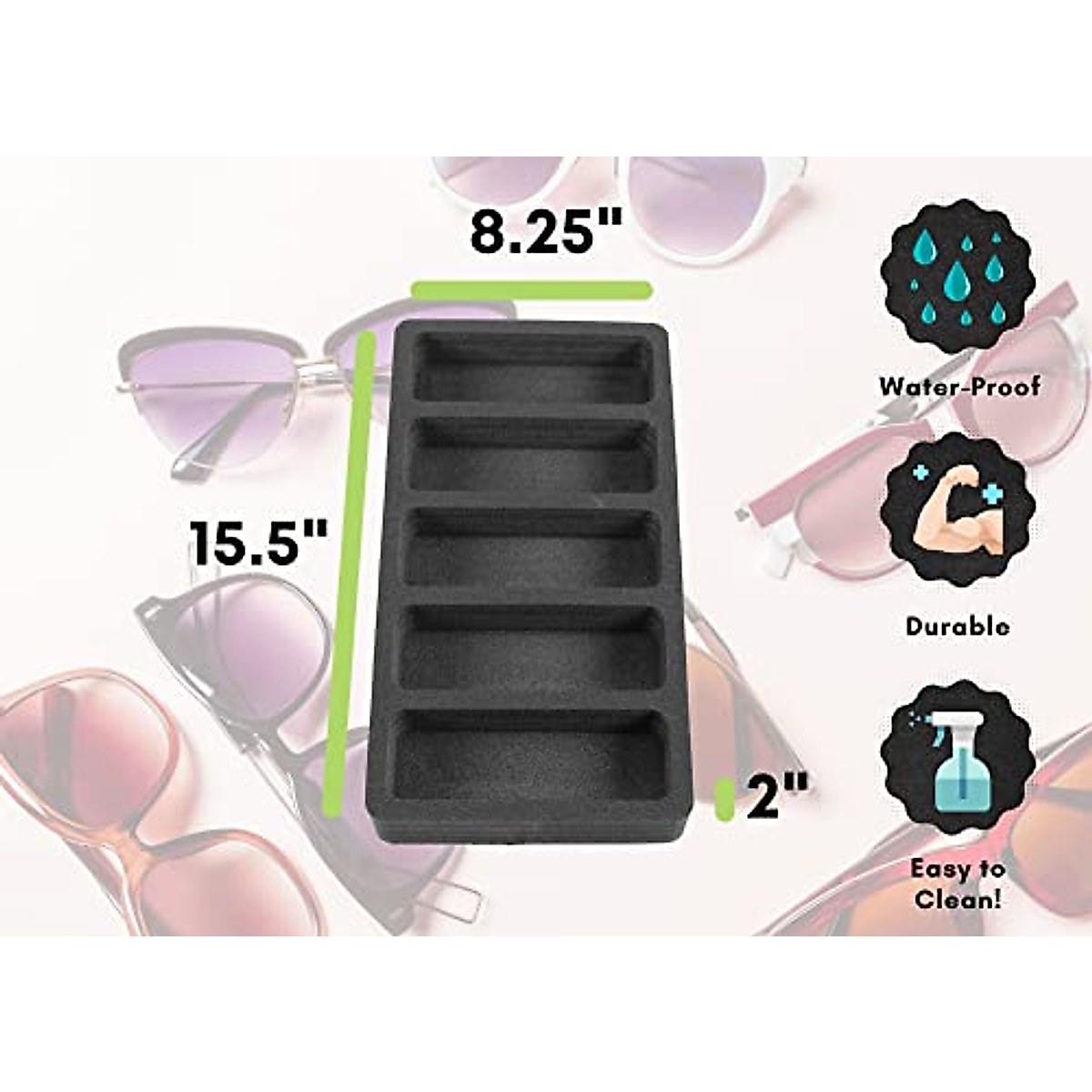 Polar Whale Sunglasses Drawer Organizer Tray Insert for Home Bedroom Bathroom Vanity Dresser Counter Table Waterproof Washable Black Foam 5 Compartment 8.25 x 15.5 Inches