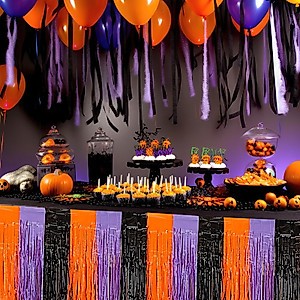 Jexine 6 Pack 9.84 ft Halloween Day Table Skirts Happy Halloween Table Foil Fringe Orange Purple Black Tinsel Table Skirt Metallic Fringe Table Decorations for Tables Supplies(Purple, Orange, Black)