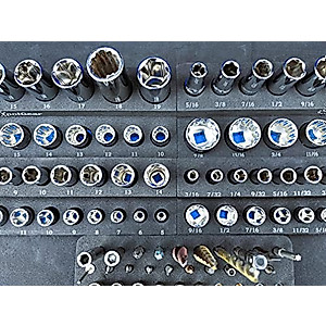 ToolGear Socket Organizer, Easy to Read Size labels, 80 sockets w/added 50 hex bit holder, both deep & standard sockets, metric & standard, 3/8 and 1/4 inch drive socket holder, tool organizer trays