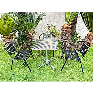 BTEXPERT Indoor Outdoor 23.75" Restaurant Stainless Steel Metal Aluminum Slat Stack Commercial Lightweight, 4 Chairs with a Square Table, Silver/Black