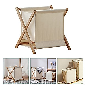 generic Laundry Basket Collapsible Bamboo Laundry Hamper with Cloth Bag - Freestanding X-Frame Clothes Hamper Organizer Household Storage Basket for Clothes Toys - Beige, 18x5x2 Inch