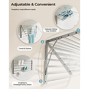 JAUREE Wall Mounted Clothes Drying Rack, Laundry Drying Rack Stainless Steel, Wall Drying Rack Clothing Foldable with 6 Drying Rods, Space Saving Wall Clothes Dryer Rack