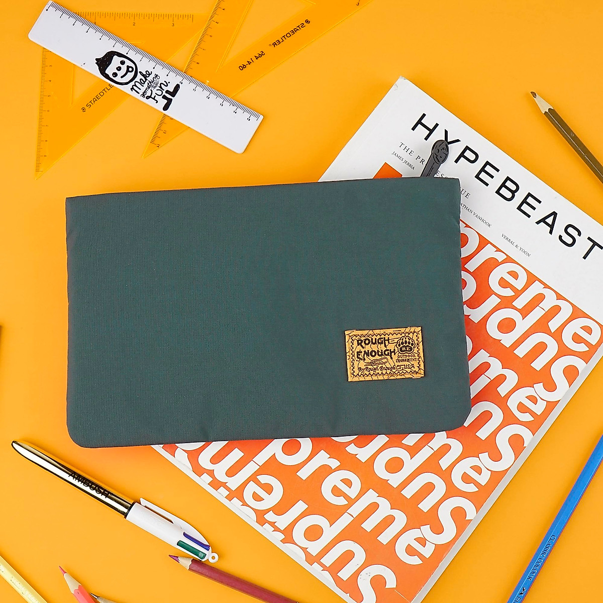 Rough Enough Large Pencil Case Pouch Storage Waterproof Bag with YKK Zipper for Preppy School Student Teen Art Supplies Green We Have Only One Earth Logo