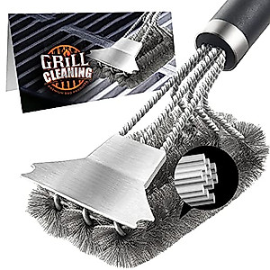 BBQ Grill Cleaning Brush & Scraper - Safe Stainless Steel Barbecue Clean Wire Brush, Best Rated Kitchen Perfection Long Handle Cleaner for Charcoal, Porcelain, Gas Grilling Grates 1 Pcs