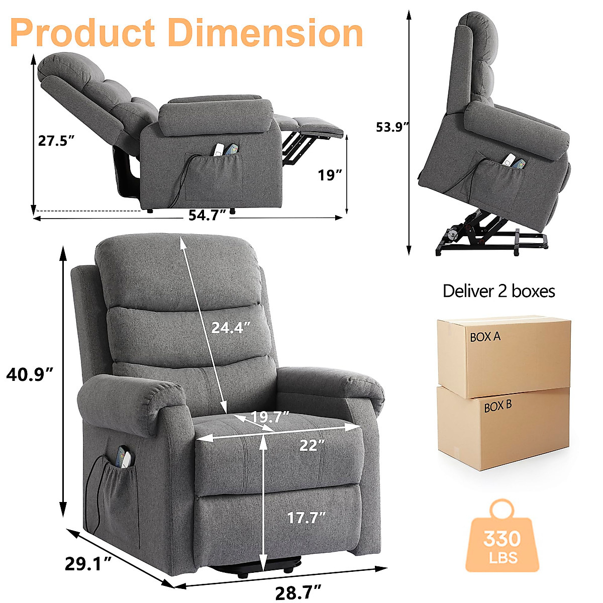 URRED Power Lift Recliner Chair Sofa with Vibration Massage and Lumbar Heat, Designed for Elderly, Infinite Positions, Lumbar Pillow, Side Pockets, USB Ports (Gray)