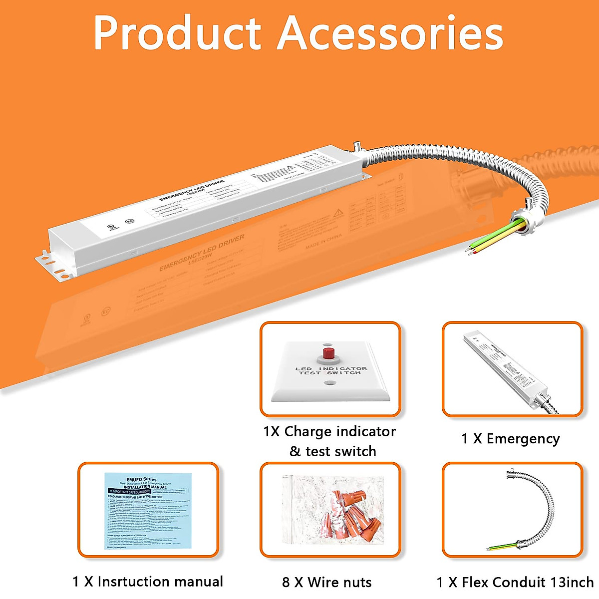 20W LED Emergency Backup Driver, Rechargeable Emergency Backup Battery 100-347V AC 175V DC Emergency Time Over 90 Mins, UL Listed Dimmable Emergency LED Driver for Panel Light, Linear Light (1 Pack)