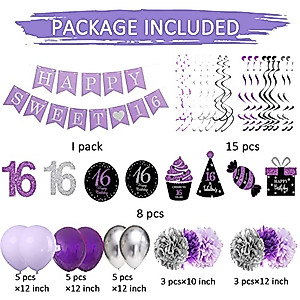 Sweet 16 Birthday Decorations Purple-Sweet 16 Purple Party 16th Birthday Banner 16th Birthday Party Supplies Purple Silver Black Foil Hanging Swirls for Girl 16th Birthday Party Decorations