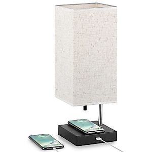 JS NOVA JUNS Table Lamp with USB Port, Wireless Charging Bedside Lamp with Flaxen Fabric Shade, Modern Nightstand Lamp Perfect for Bedroom, Living Room, Study Room, Office