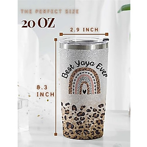 Onebttl Yaya Gifts from Granddaughter, Grandson, Insulated Stainless Steel Wine Tumbler with Lid and Straw, for Grandma on Mother's Day, Birthday, Christmas, Best Yaya Ever, Glitter Silver, 20 oz