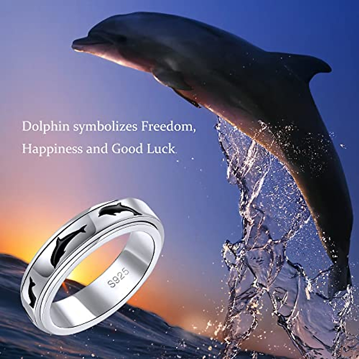 LEXLUNE Animal Ring Dolphin Fidget Ring Spinner Ring for Anxiety Women Men Daughter Real S925 Sterling Silver Band Ring