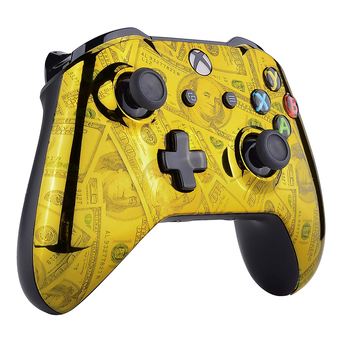 eXtremeRate Chrome Gold 100 Cash Money Dollar Front Housing Shell Case, Glossy Patterned Faceplate Cover Replacement Kit for Xbox One S & One X Controller (Model 1708)