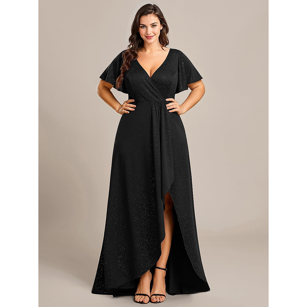 Ever-Pretty Women's Plus Size A-line V Neck Maxi High Low Winter Fall Ball Gowns Party Dresses Black US18