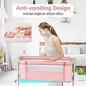 INFANS 3 in 1 Baby Bassinet, Bedside Sleeper, Rocking Cradle, Easy Folding Portable Safer Co-Sleeping Crib with Height Angle Adjustable, Wheels Storage Basket Travel Bag for Infant Newborn (Pink)