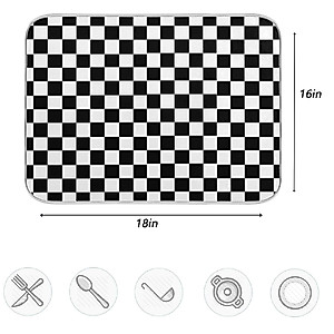 ZzWwR Modern Black White Racing Flag Checks Pattern Absorbent Dish Drying Mat Microfiber Kitchen Countertop Table Protector Multi-Purpose Counter Rack Sink Drainer Pad (16" x 18")