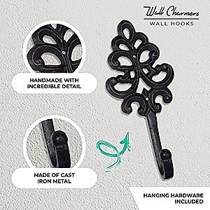 Wallcharmers Set of 3 Rustic Decorative Wall Hooks 8” | Victorian Shabby Chic Fleur De Lis Antique Towel Hooks for Hanging | Gothic Cast Iron Farmhouse Indoor Outdoor Key, Dog Leash, & Towel Hanger