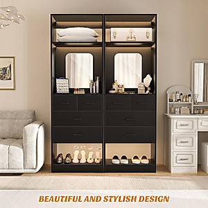Unikito Closet System with Drawer, 25 Inch Freestanding Closet Organizer with Storage Shelves and Mirror, Sturdy Walk in Closet Tower for Bedroom, Mudroom and Entryway, 25" W x 16" D x 80" H, Black