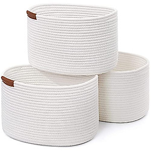 CHICVITA Woven Storage Basket for Shelves, Cotton Rope Dog Toy Bin, Empty Gift Basket with Handles, Small Laundry Baskets for Cloth Towel Shoes, White Oval Basket 3 Packs