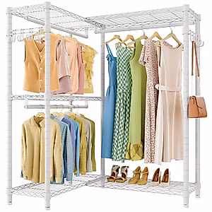 VIPEK L4S Garment Rack L Shaped Clothes Rack for Corner, Freestanding Portable Wardrobe Closet Heavy Duty Clothing Rack with 3 Hanging Rods & 2 Side Hooks, 43.3"Lx29.1"Wx76.4"H, Max Load 810LBS, White