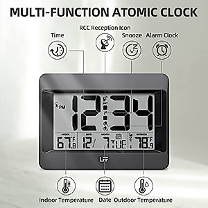 LFF Atomic Clock,Digital Wall Clock Battery Operated,Desk Alarm Clock with Indoor & Outdoor Temperature, Date,Large Display,Wireless Outdoor Sensor, Clock for Bedroom,Living Room,Office,Auto DST