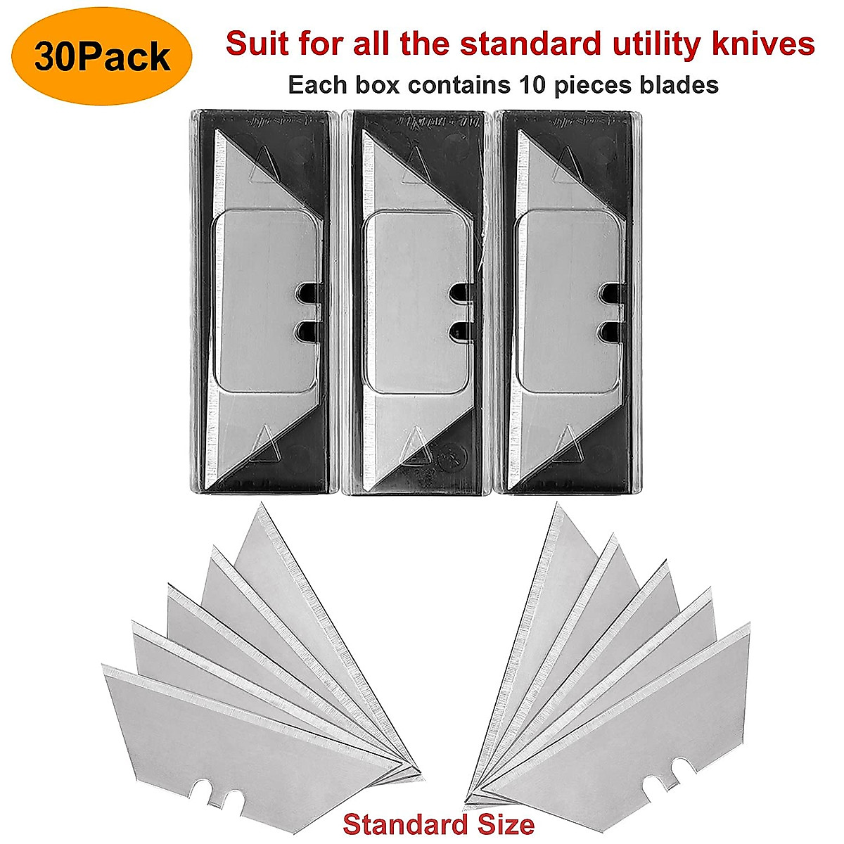 30 Pack Utility Knife Blades, SK5 Steel Heavy Duty Box Cutter Replacement Blades with Plastic Case, Standard Size Razor Blades for Most Standard Utility Knives
