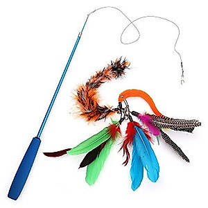 Becory Feather Teaser Cat Toy, Retractable Cat Feather Toy Wand with 5 Assorted Teaser with Bell Refills, Interactive Catcher Teaser for Kitten Or Cat Having Fun Exerciser Playing