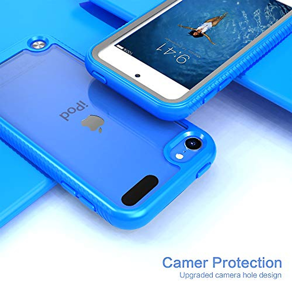 IDYStar iPod Touch 7th Generation Case, 2 in 1 Shockproof iPod Case with 2 HD Screen Protectors, Hybrid Heavy Duty Protection Shock Resistant Cover for iPod Touch 5/6/7th Generation, Sky Blue