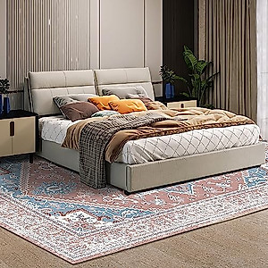 Washable Rug 9'x12' Area Rug for Living Room Bedroom Rug Lightweight Large Area Rug Thin Vintage Rug No Smell Machine Washable Rug Accent Rug for Dining Room Home Kitchen, Blue