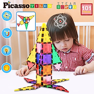PicassoTiles 101pcs Magnetic Building Block Toy + Case Set Magnet Tile Construction Blocks for Ages 3 and Up Educational Kit Child Brain Development Learning Playset in Portable Travel Carry Bin